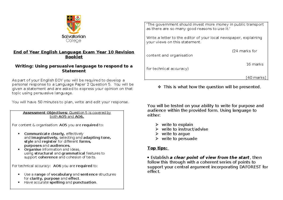 Year 10 - Q5 Revision Booklet - End of Year English Language Exam Year ...