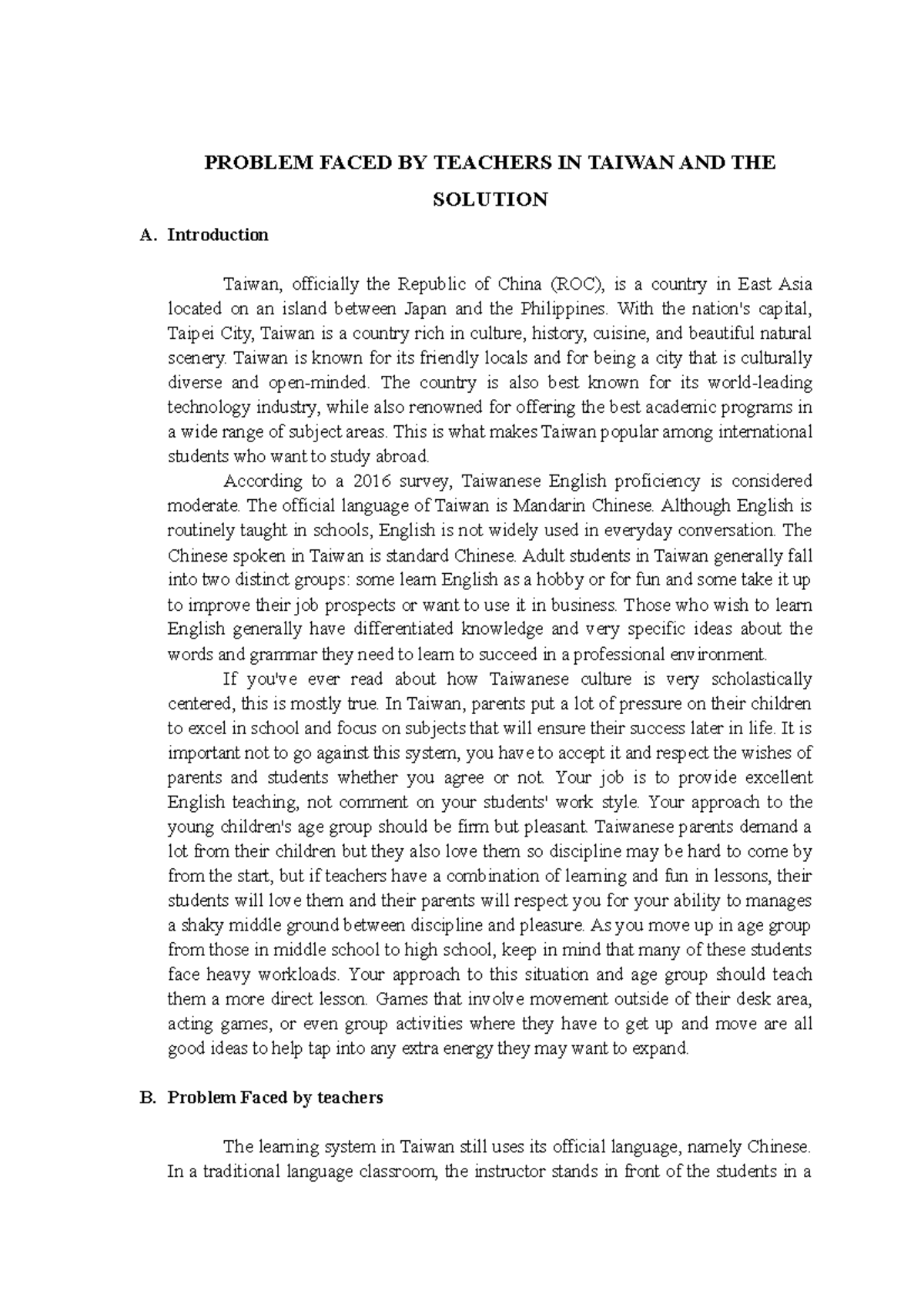 Problem Faced BY Teachers IN Taiwan AND THE Solution - PROBLEM FACED BY ...
