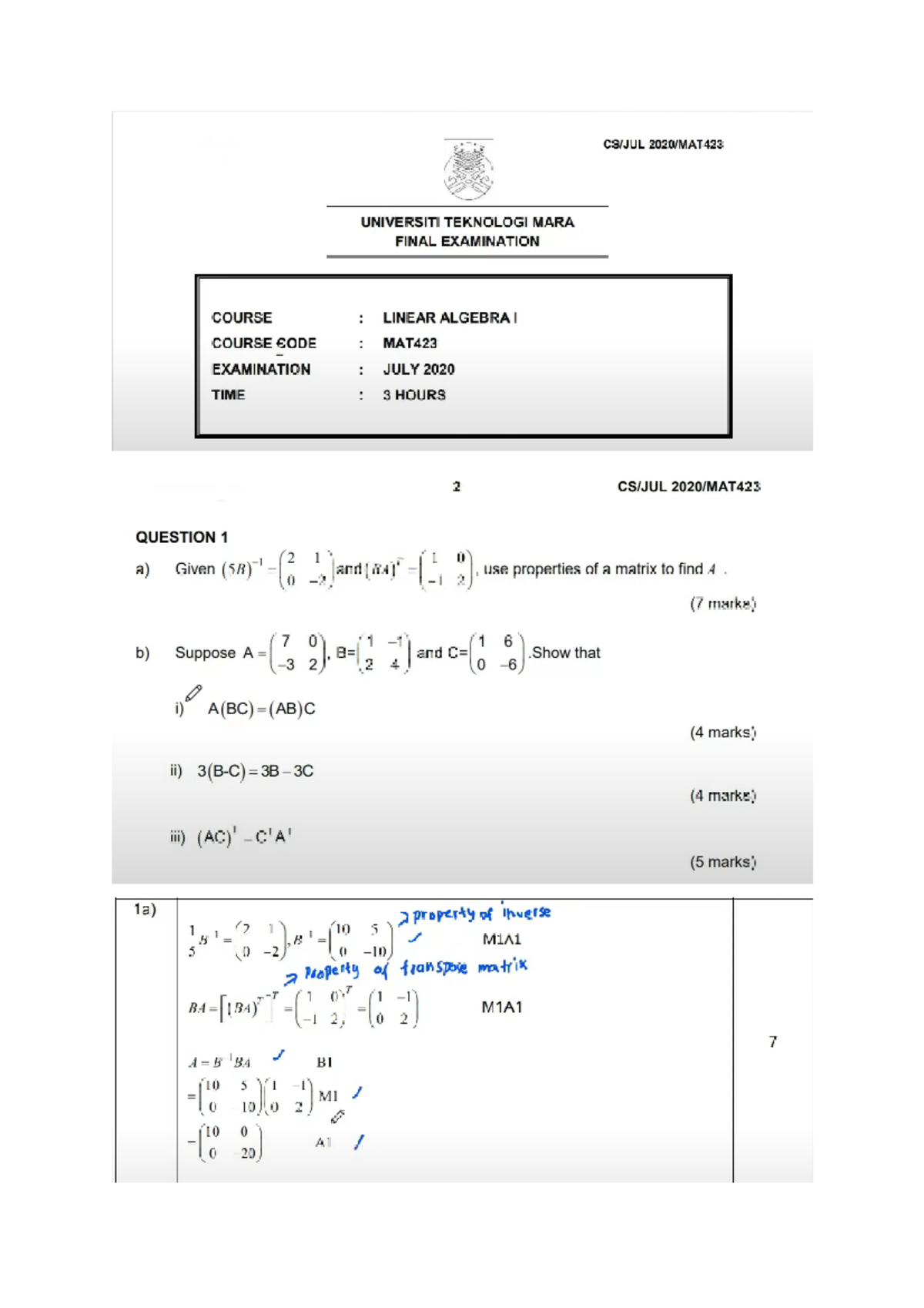 Past year july 2020 - ok. this is question and answer. - Linear Algebra ...