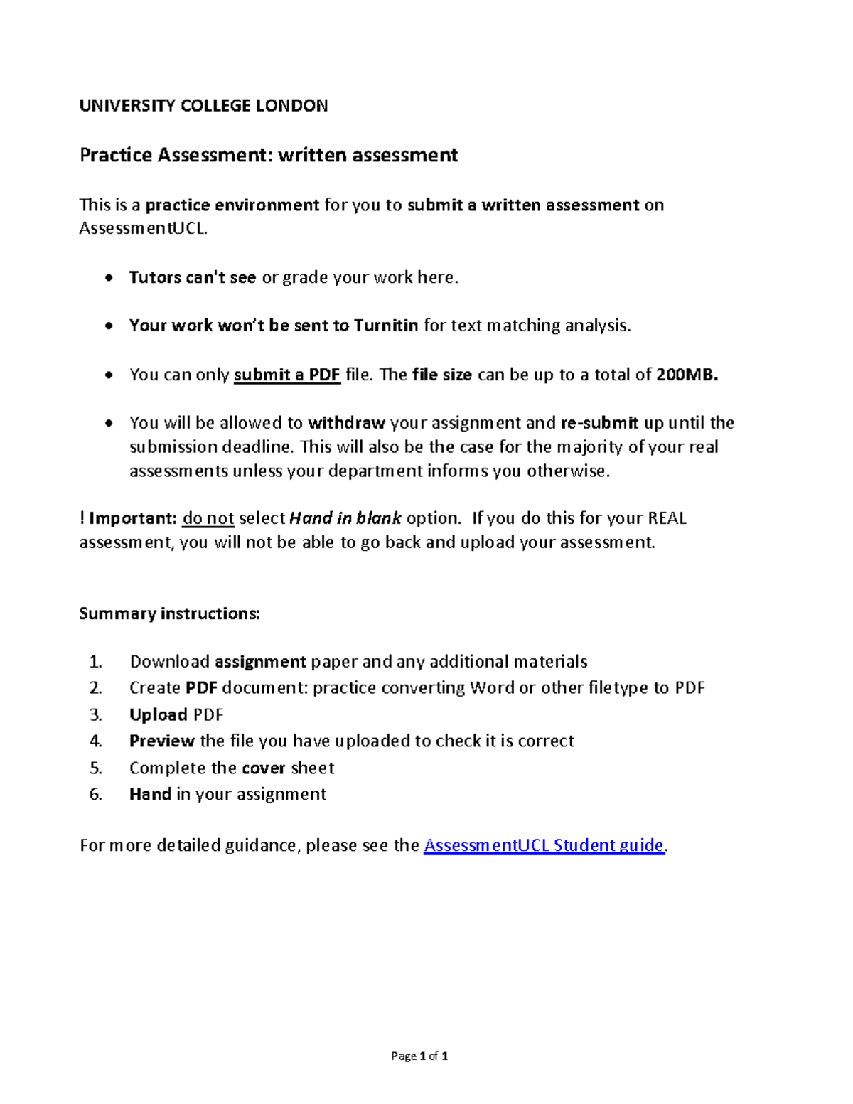 Practice written assessment AUCL - Page 1 of 1 UNIVERSITY COLLEGE ...