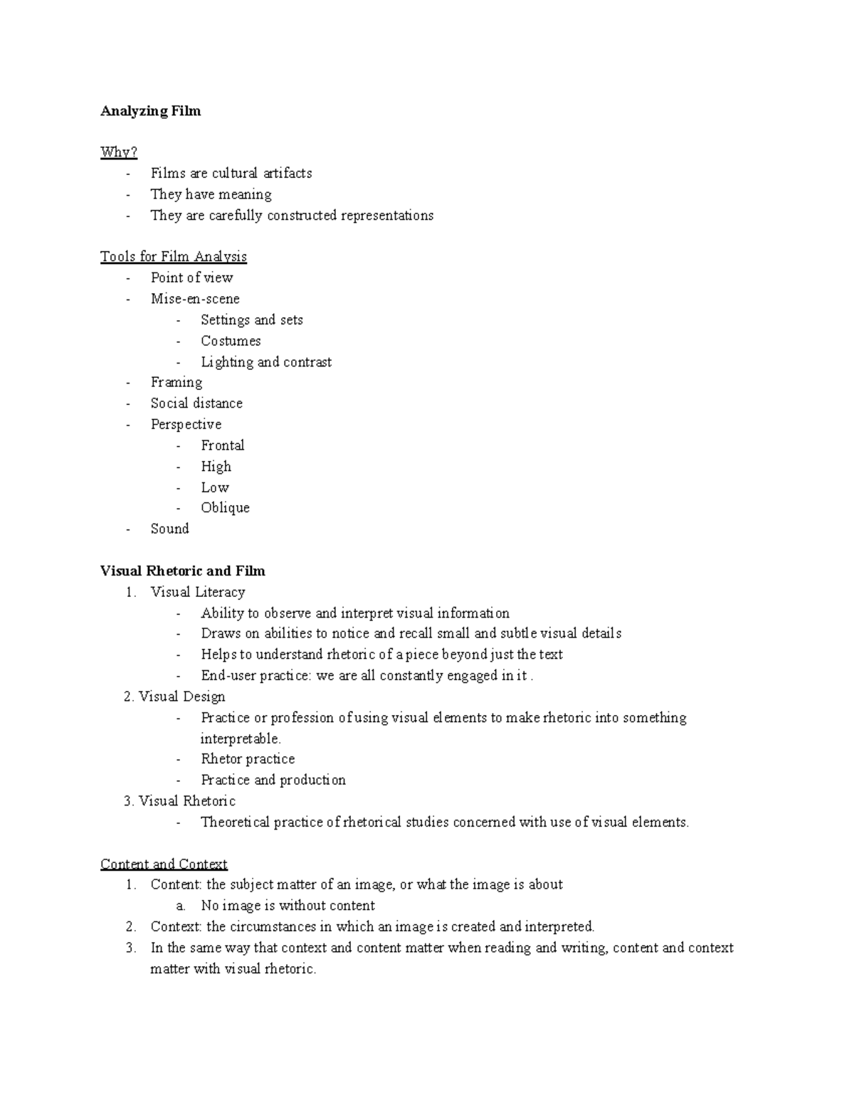 Analyzing Film - Lecture notes 1 - Analyzing Film Why? - Films are ...