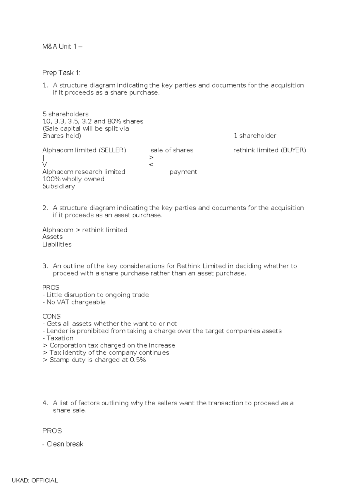 M and A unit 1 - MnA from week 1 - UKAD: OFFICIAL M&A Unit 1 – Prep ...