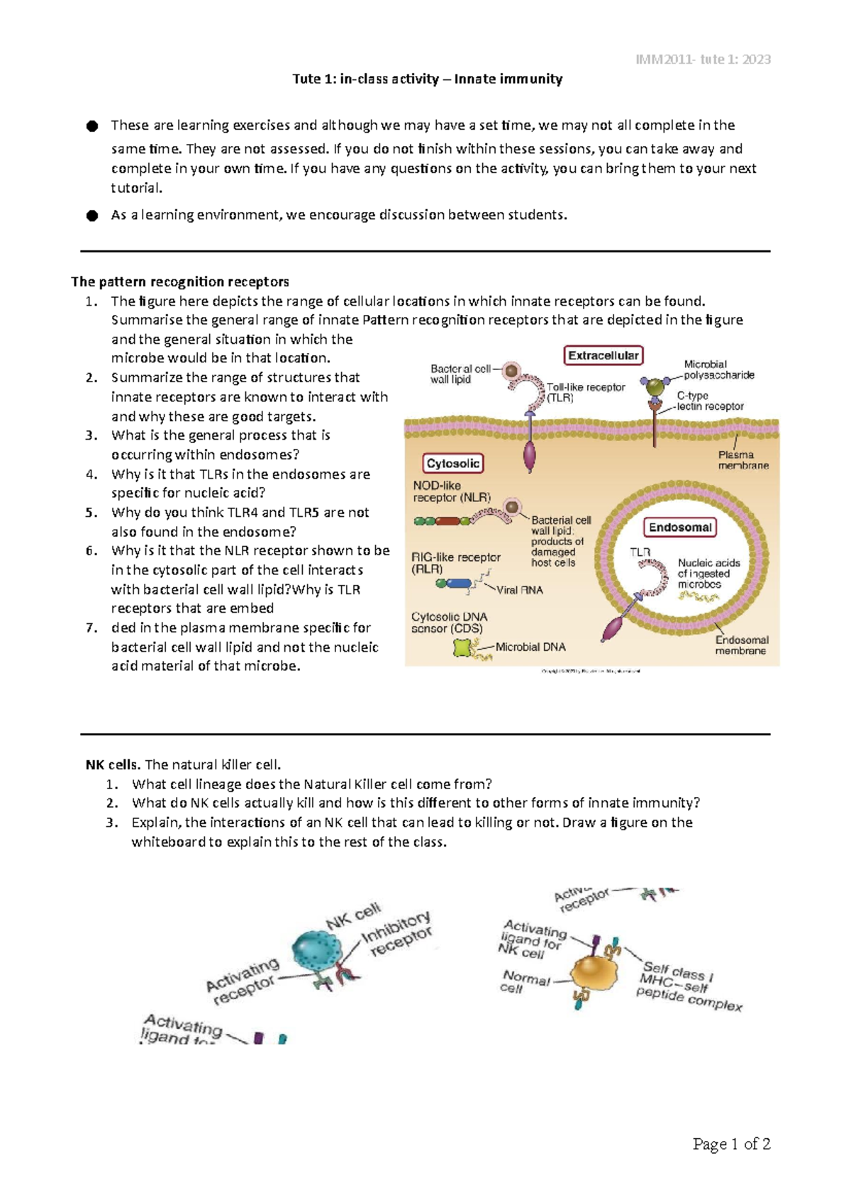Copy of Tute 1- innate class activity-2023- for students - IMM2011 ...