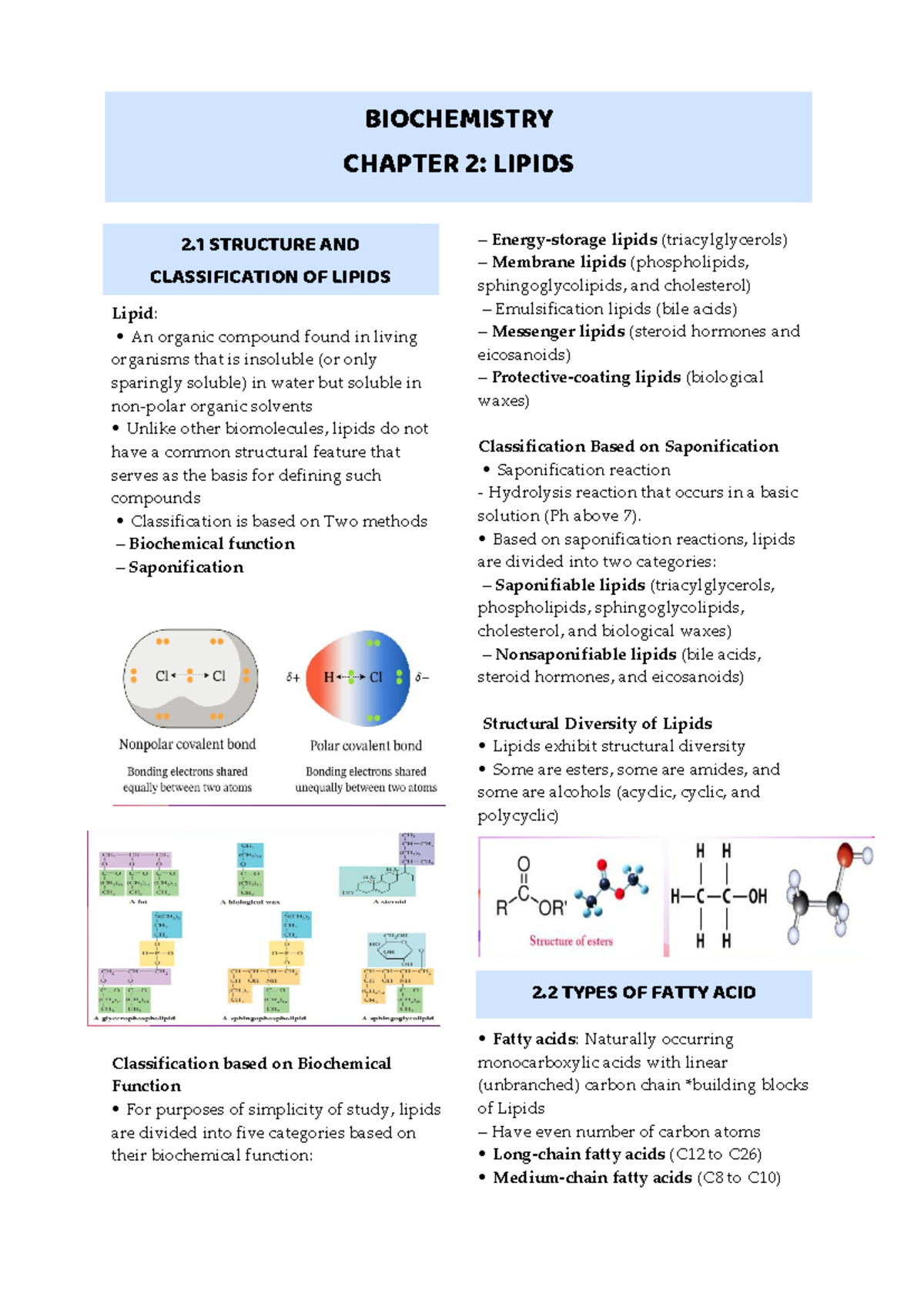 Chapter 2 Biochem Reviewer - Lipid: • An organic compound found in ...