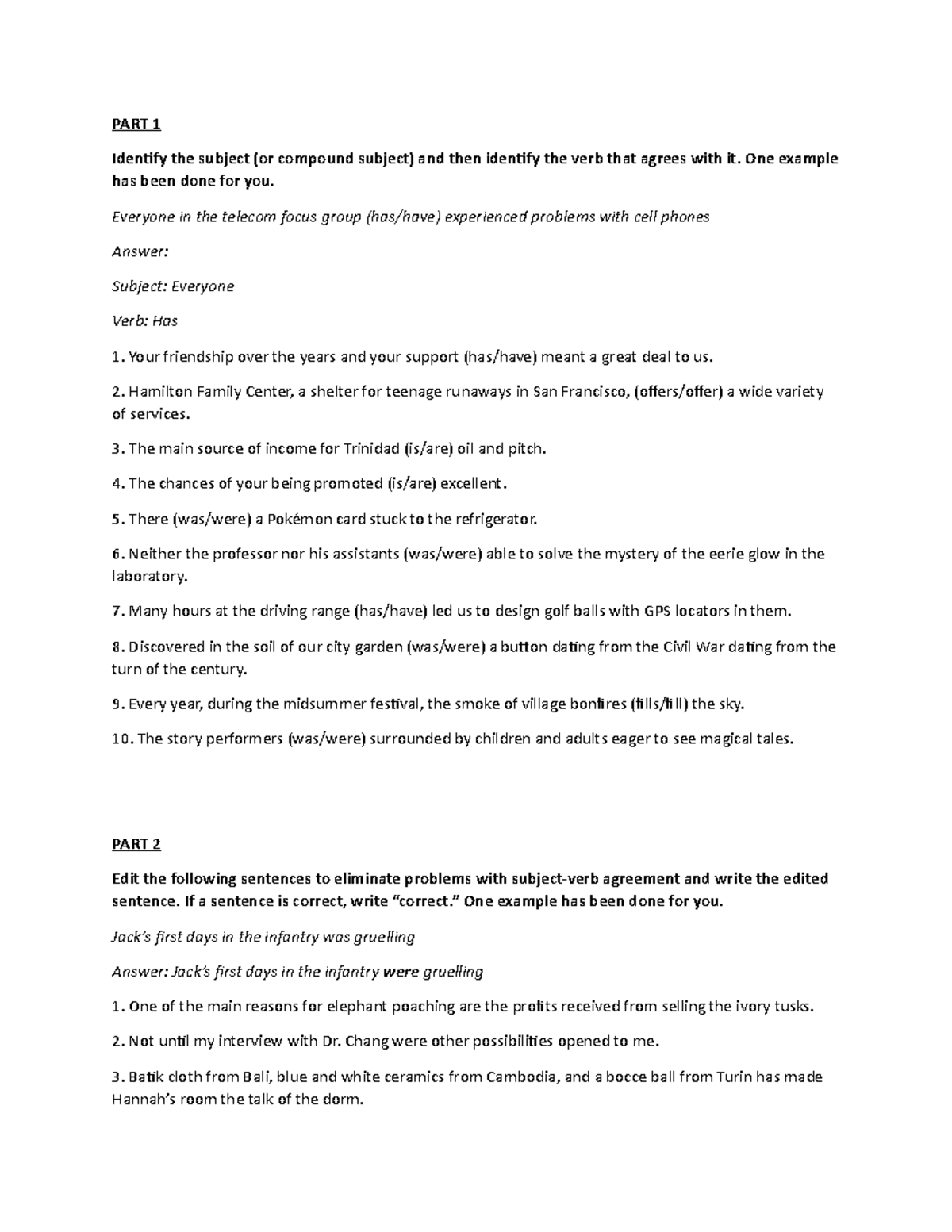Subject verb agreement worksheet - PART 1 Identify the subject (or ...