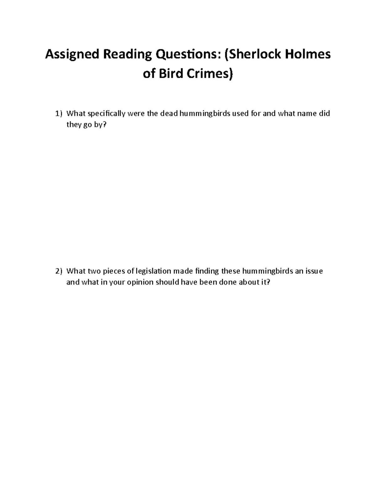 Sherlock Holmes questions - Assigned Reading Questions: (Sherlock ...