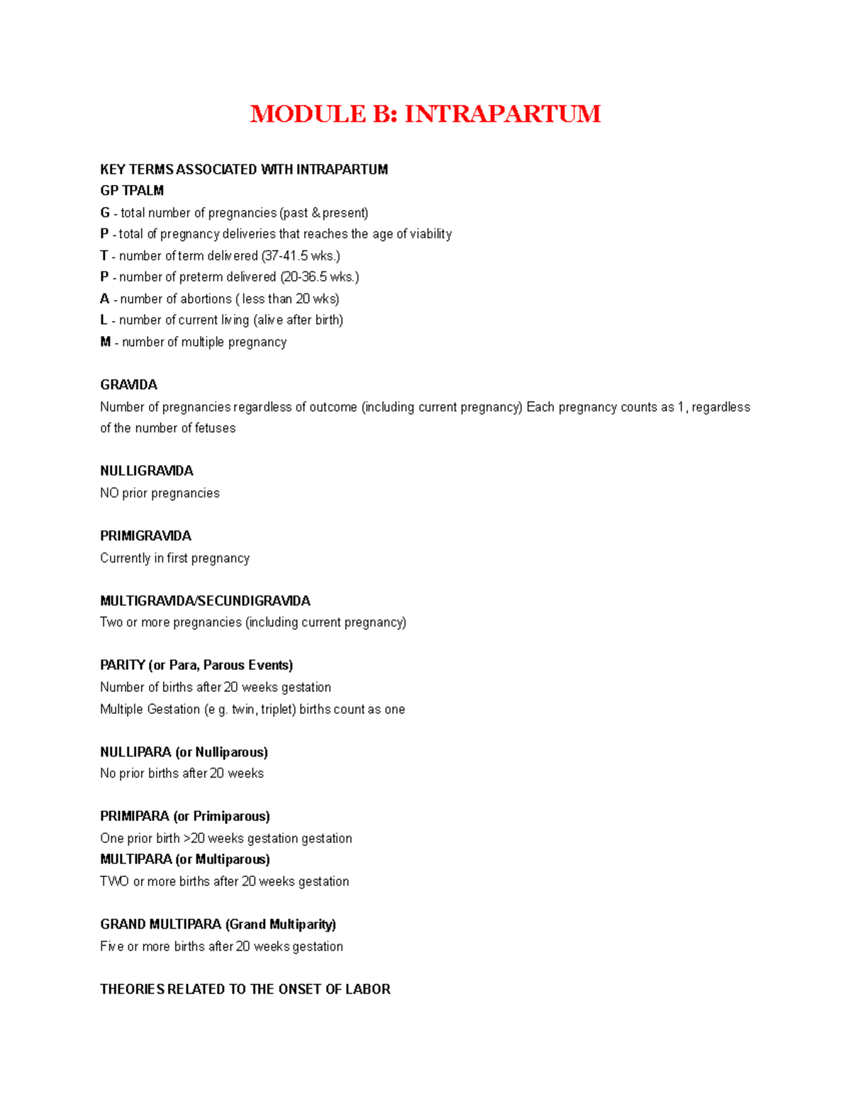 Module-B- Intrapartum - MODULE B: INTRAPARTUM KEY TERMS ASSOCIATED WITH ...