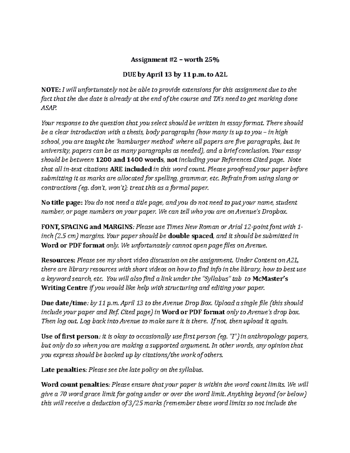 Winter 2021 Assignment Two for 1AA3 - Assignment #2 – worth 25% DUE by April 13 by 11 p. to A2L ...