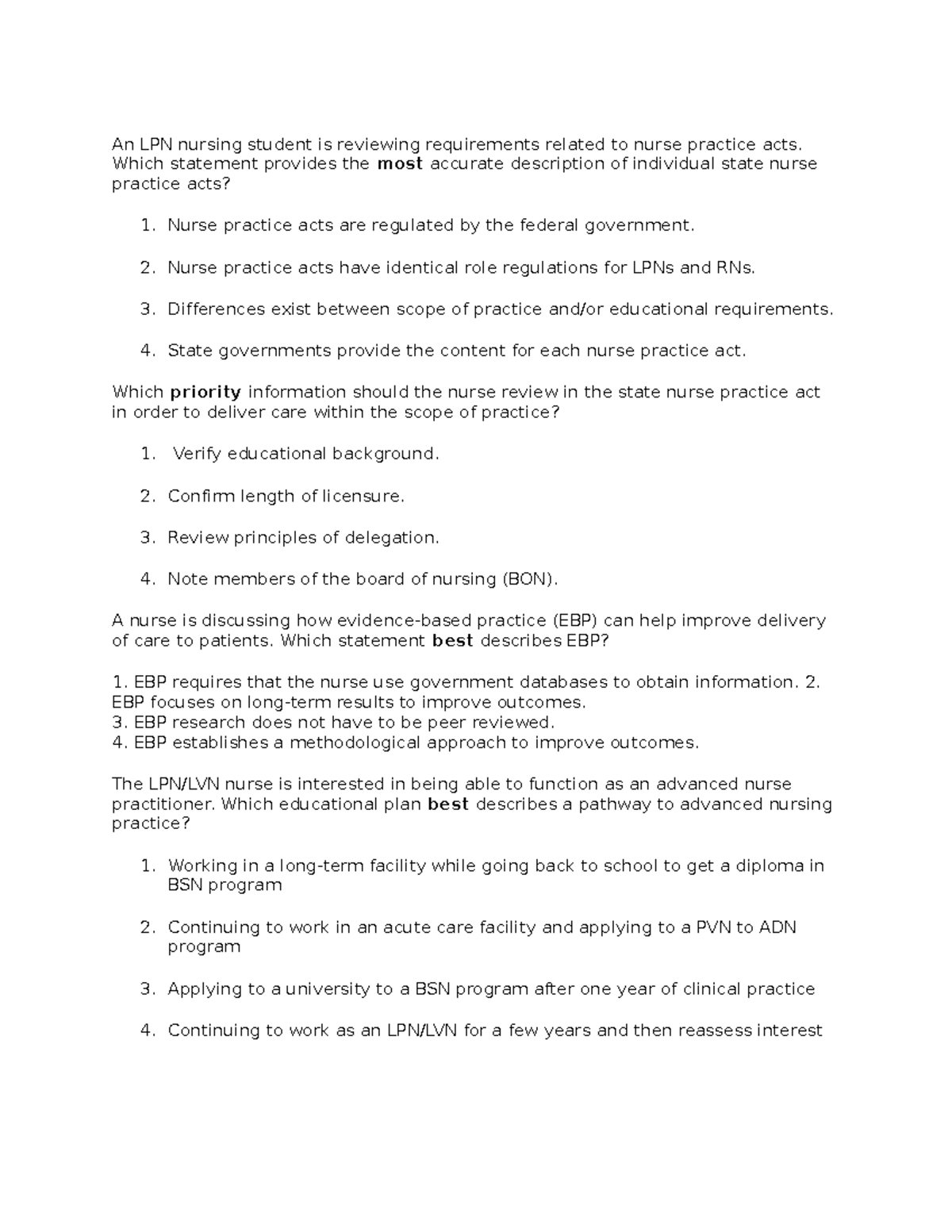 Fundamental Questions Exam 1 - An LPN nursing student is reviewing ...