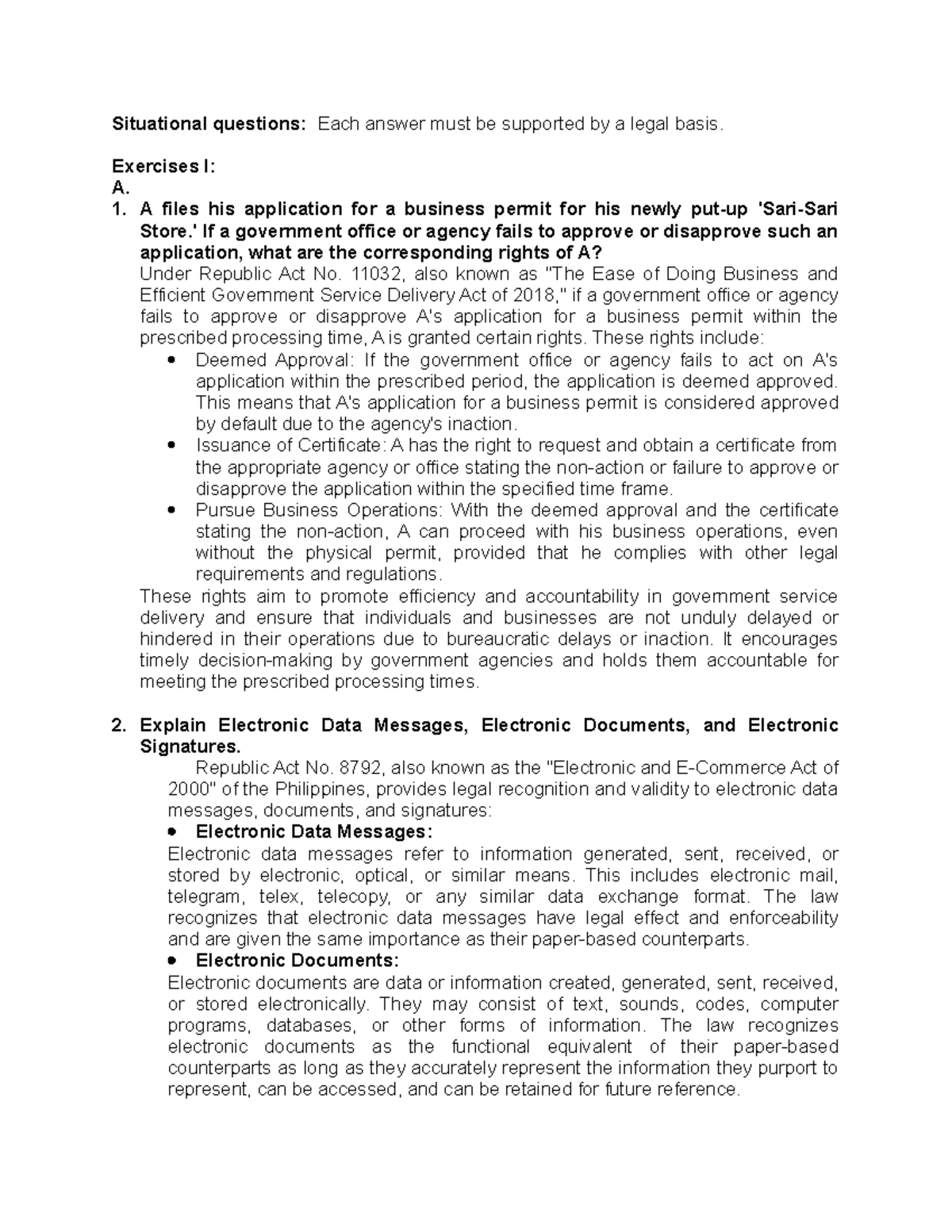 Situational questions - Exercises I: A. A files his application for a ...