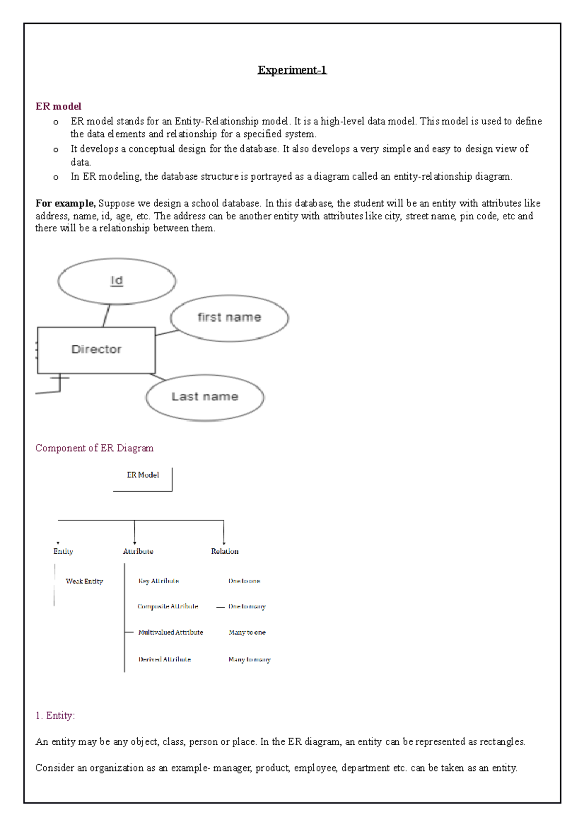 DBMS EXP 1 - LAB EXPEIMENTS - Experiment- ER model o ER model stands for an Entity-Relationship ...