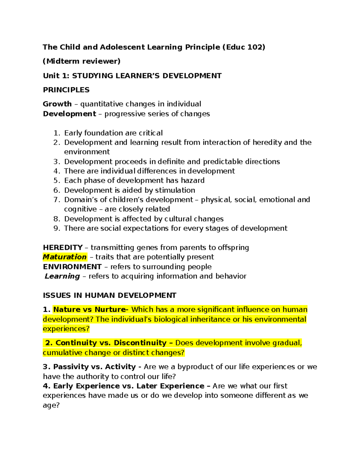 Educ-102-reviewer - ...... - The Child and Adolescent Learning Principle (Educ 102) (Midterm ...