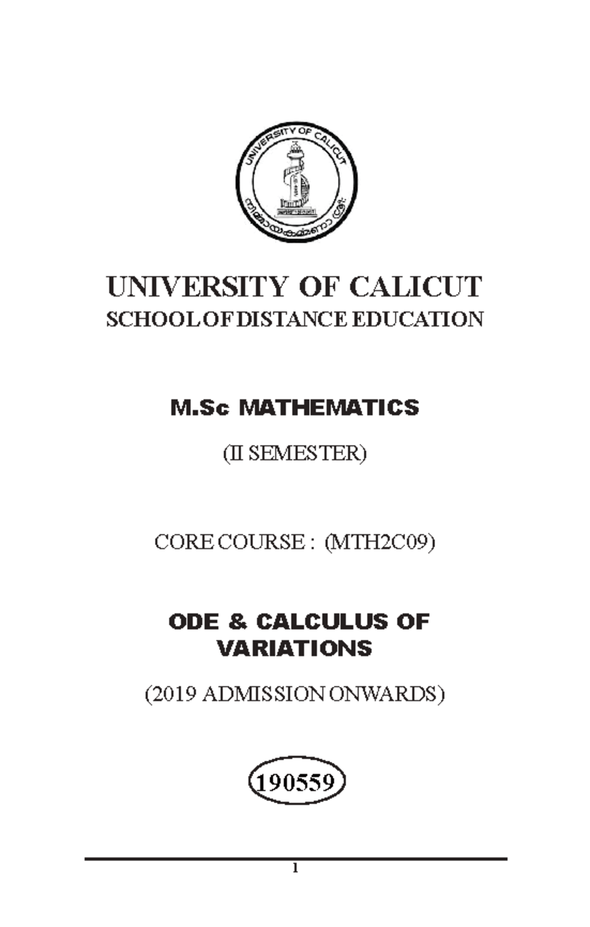 ODE & Calculus OF Variation - UNIVERSITY OF CALICUT SCHOOL OF DISTANCE ...