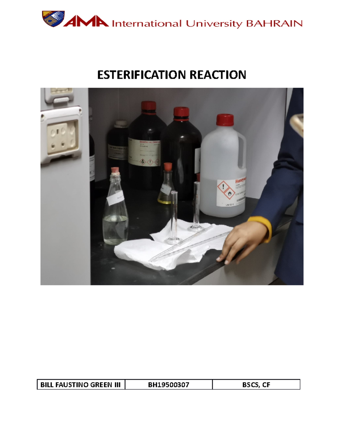 General Chemistry 2 - Lab Report 2 (chem401) - ESTERIFICATION REACTION ...