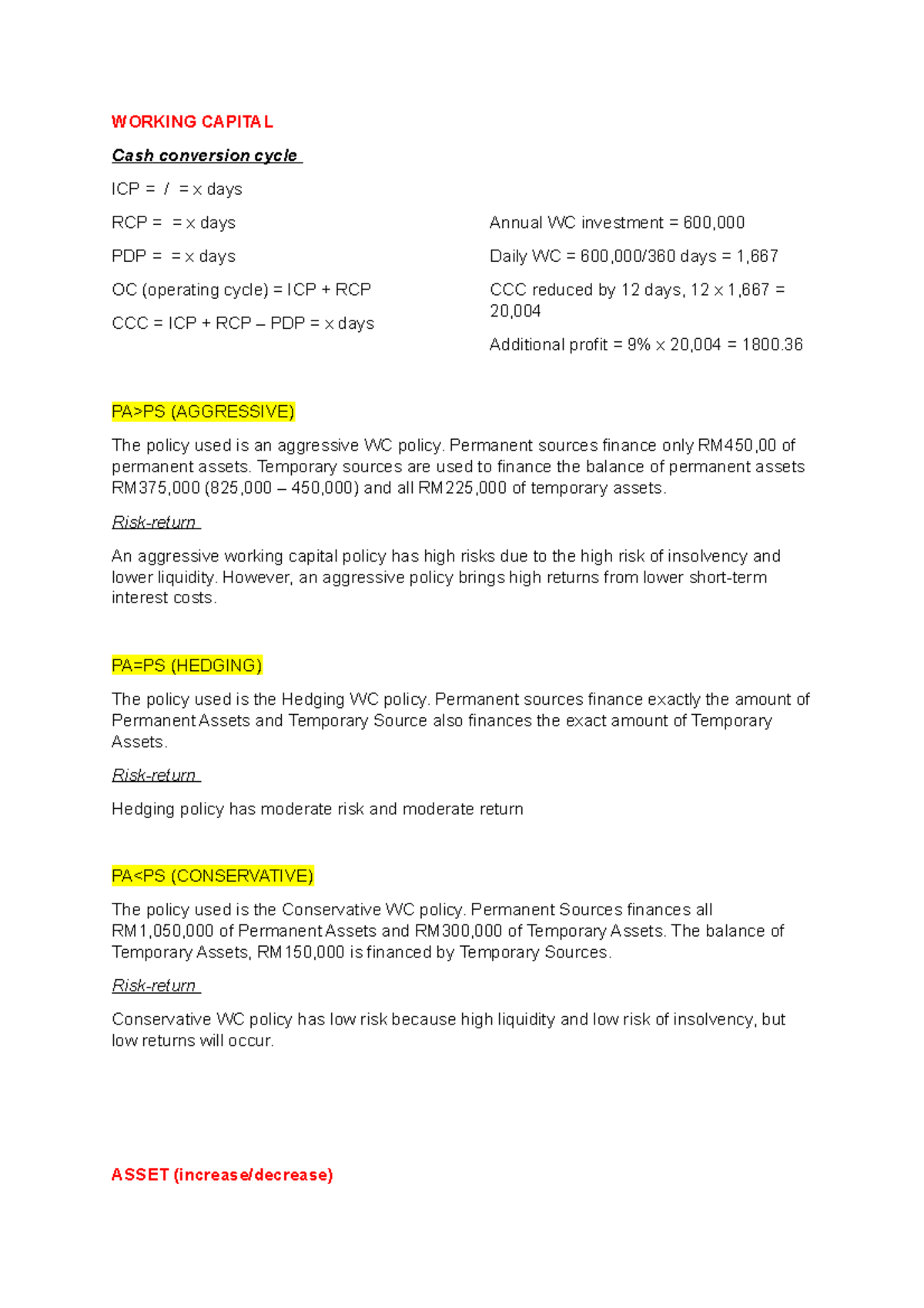 MAF251 working capital, asset, liabilities - WORKING CAPITAL Cash ...