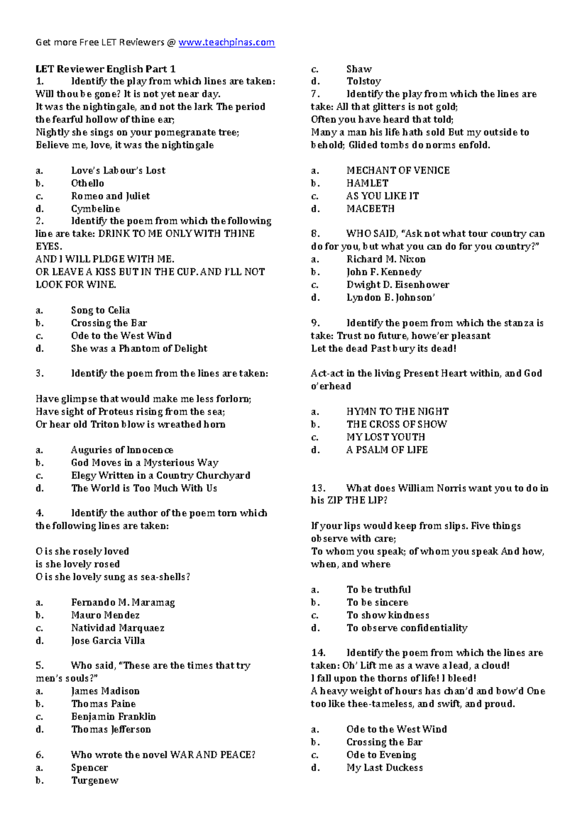 English Notes LET - LET Reviewer English Part 1 Identify the play from ...