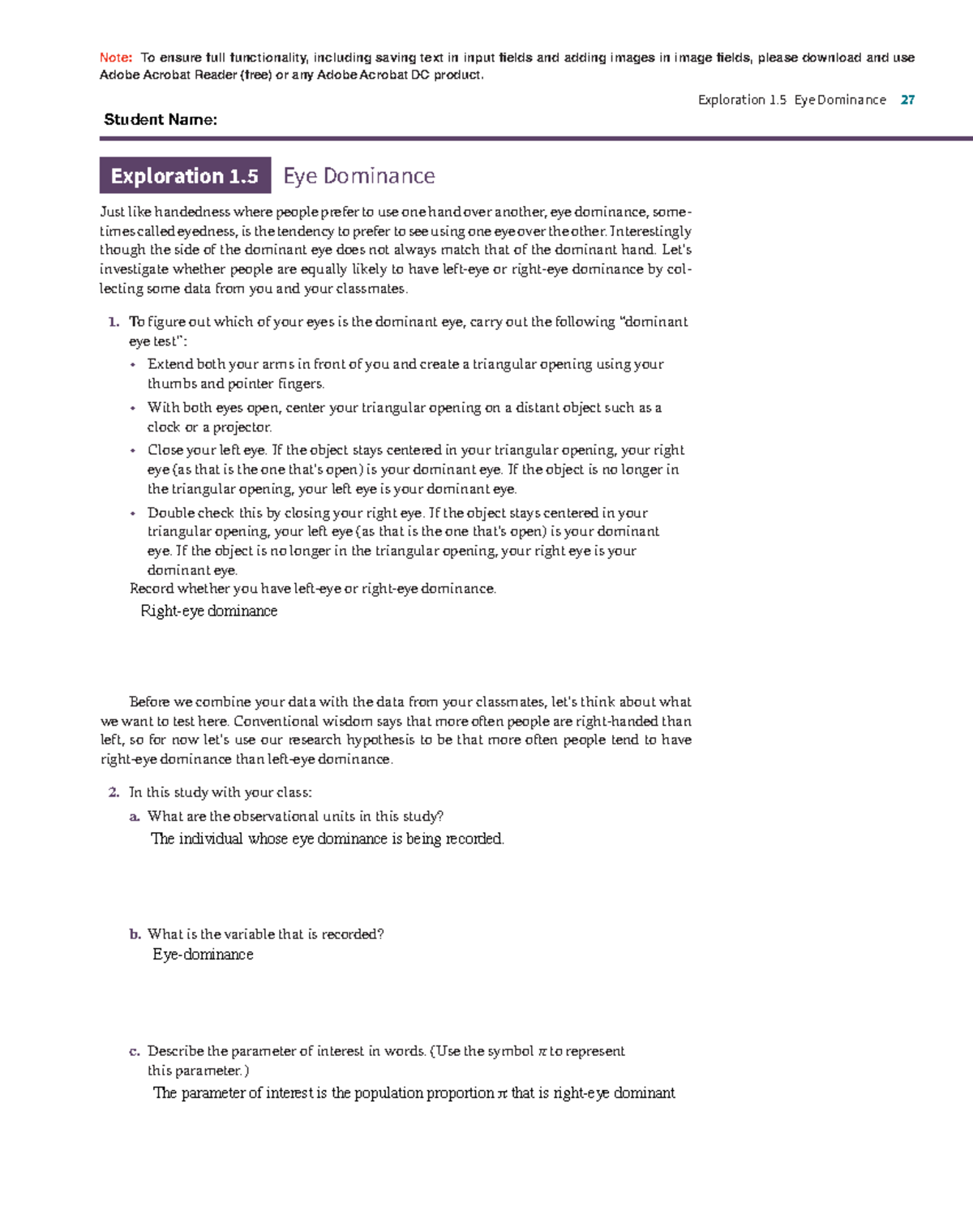 Exploration 1.5 - Fall 2022 MATH 114 Foundations of Statistics - Exploration 1 Eye Dominance 27 ...