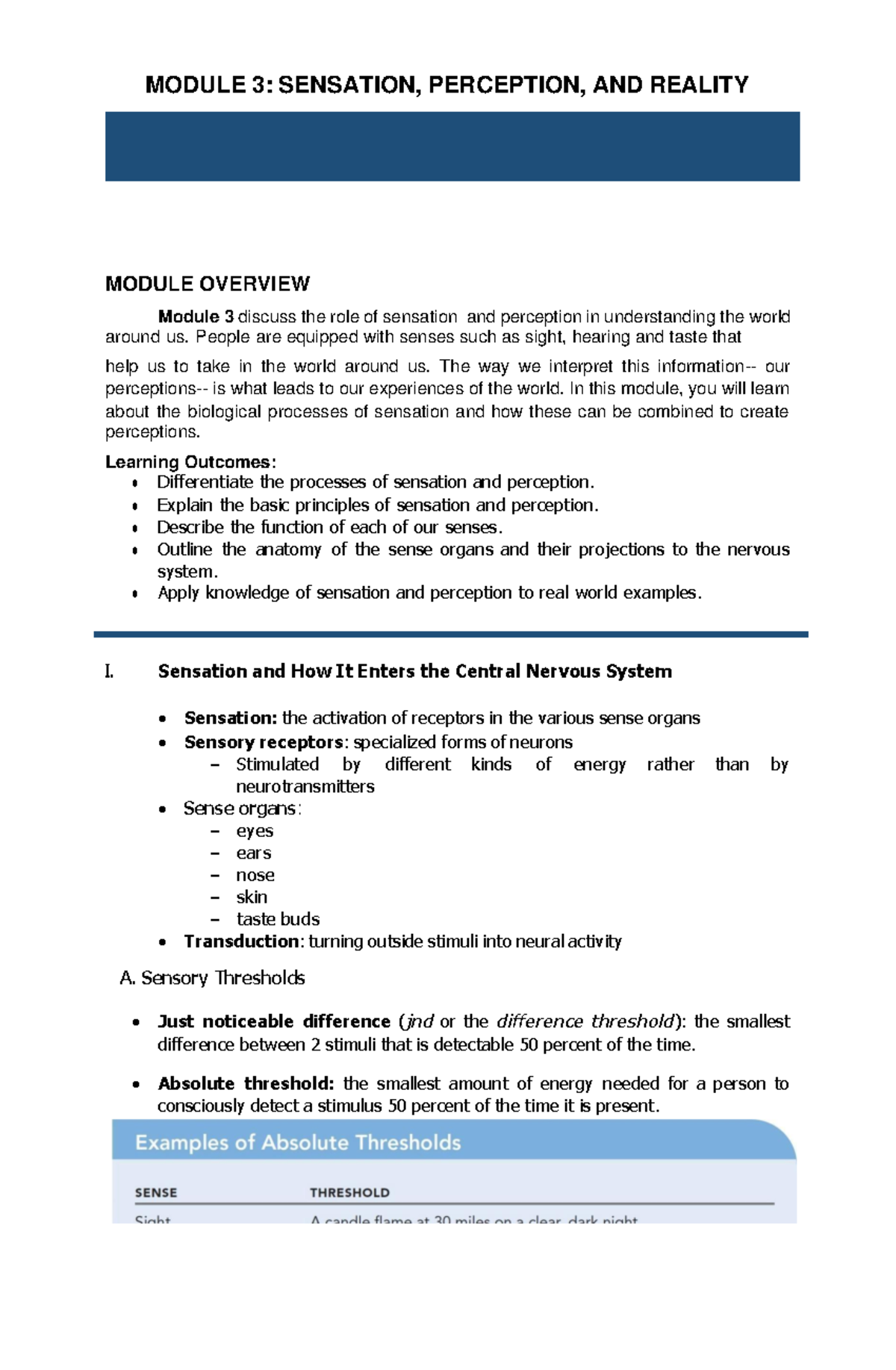 Module 3 Sensationj Perceptionj AND Reality - MODULE 3: SENSATION ...