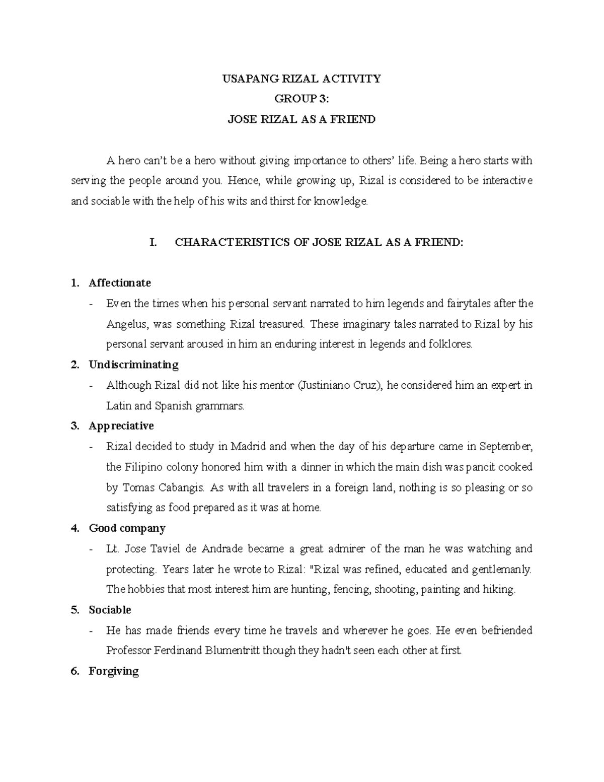 Rizal AS A Friend (Handout) - USAPANG RIZAL ACTIVITY GROUP 3: JOSE ...