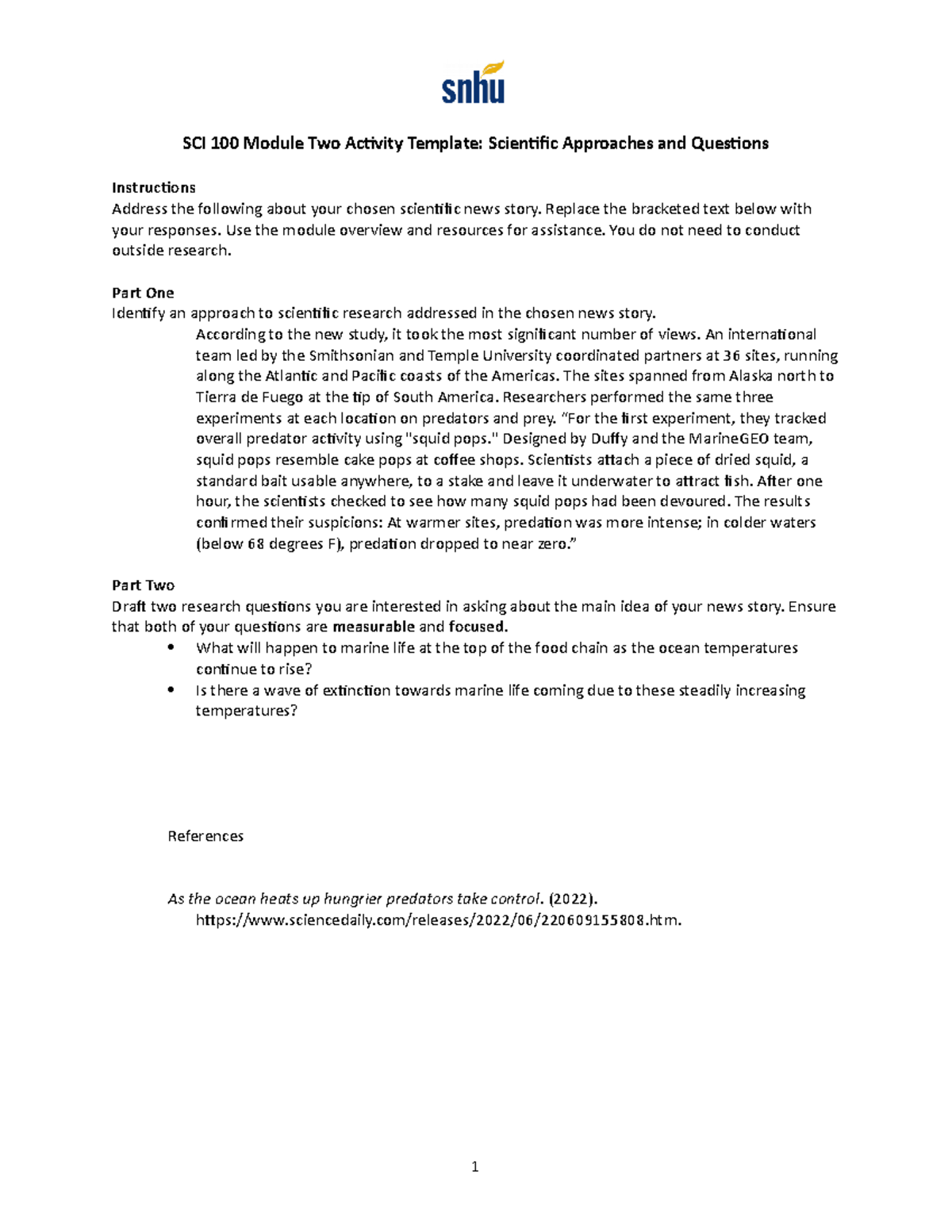 SCI 100 Module Two Activity - Replace the bracketed text below with ...