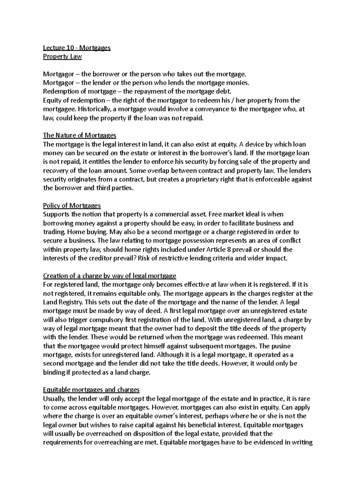 Lecture 10 - Mortgages - Lecture 10 - Mortgages Property Law Mortgagor ...