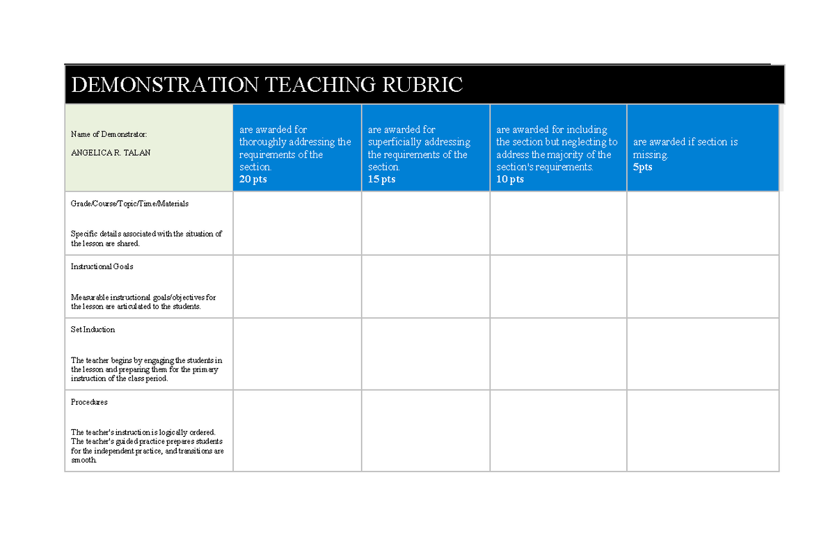 Angelica R. Talan - FOR TEACHING DEMONSTRATION RUBRIC - DEMONSTRATION ...