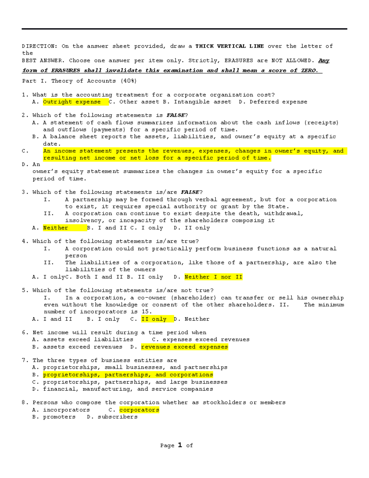 Exam Theory Account - Lecture Notes - DIRECTION: On the answer sheet ...