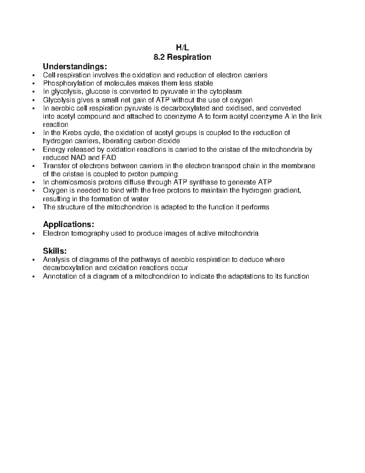 HL 8.2 respiration - biology ib topic 2 - H/L 8. 2 Respiration ...