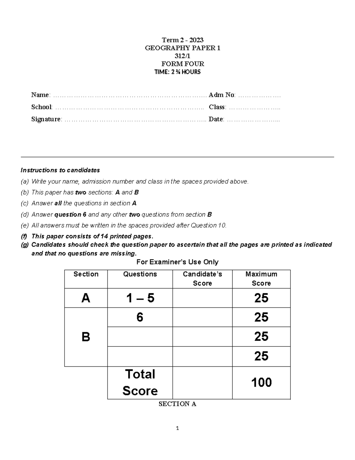 2023 Geography F4 P1 QS T2 Exam Teacher - Term 2 - 2023 GEOGRAPHY PAPER ...