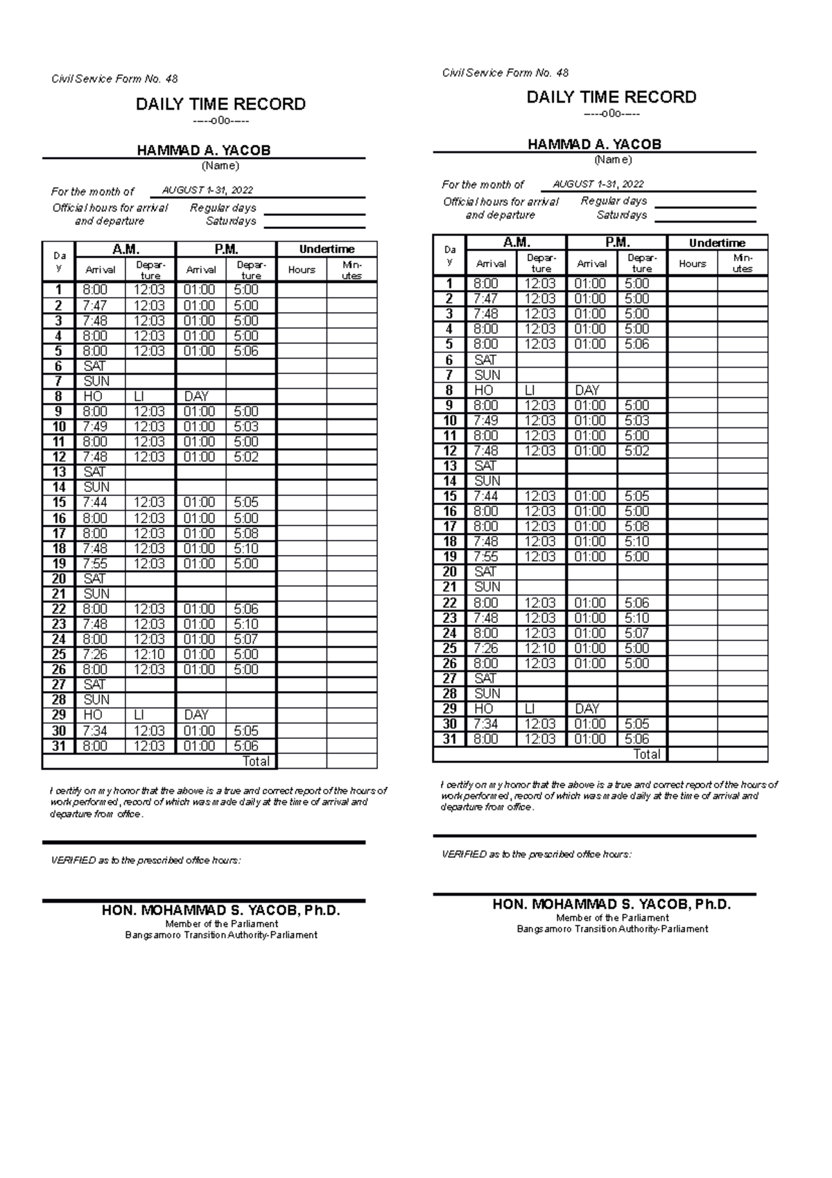 August-DTR - N/A - Civil Service Form No. 48 DAILY TIME RECORD -o0o ...