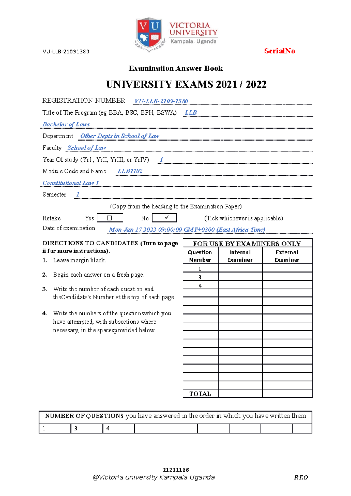 Answer sheet - Examination Answer Book UNIVERSITY EXAMS 2021 / 2022 ...