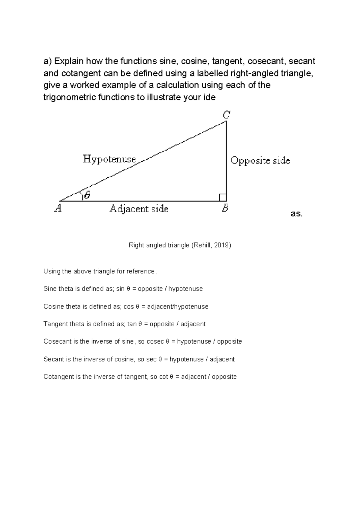 Unit 10 section 1 - a) Explain how the functions sine, cosine, tangent ...