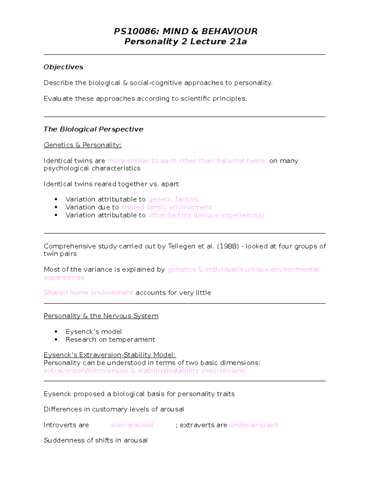 Completed handout for lecture week 21a Richard- Personality - PS10086: MIND & BEHAVIOUR - Studocu