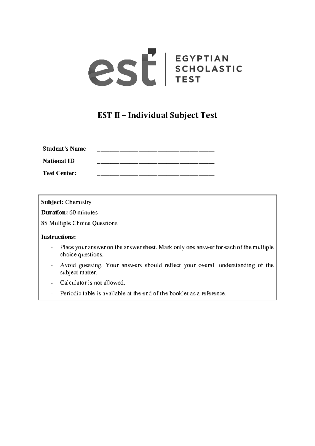 EST II - Chemistry - Practice tests - EST II – Individual Subject Test ...