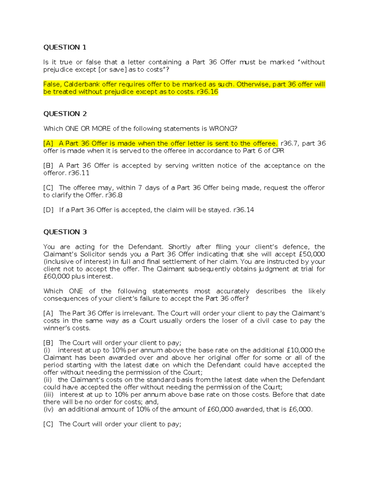 Questions on Part 36 - QUESTION 1 Is it true or false that a letter ...