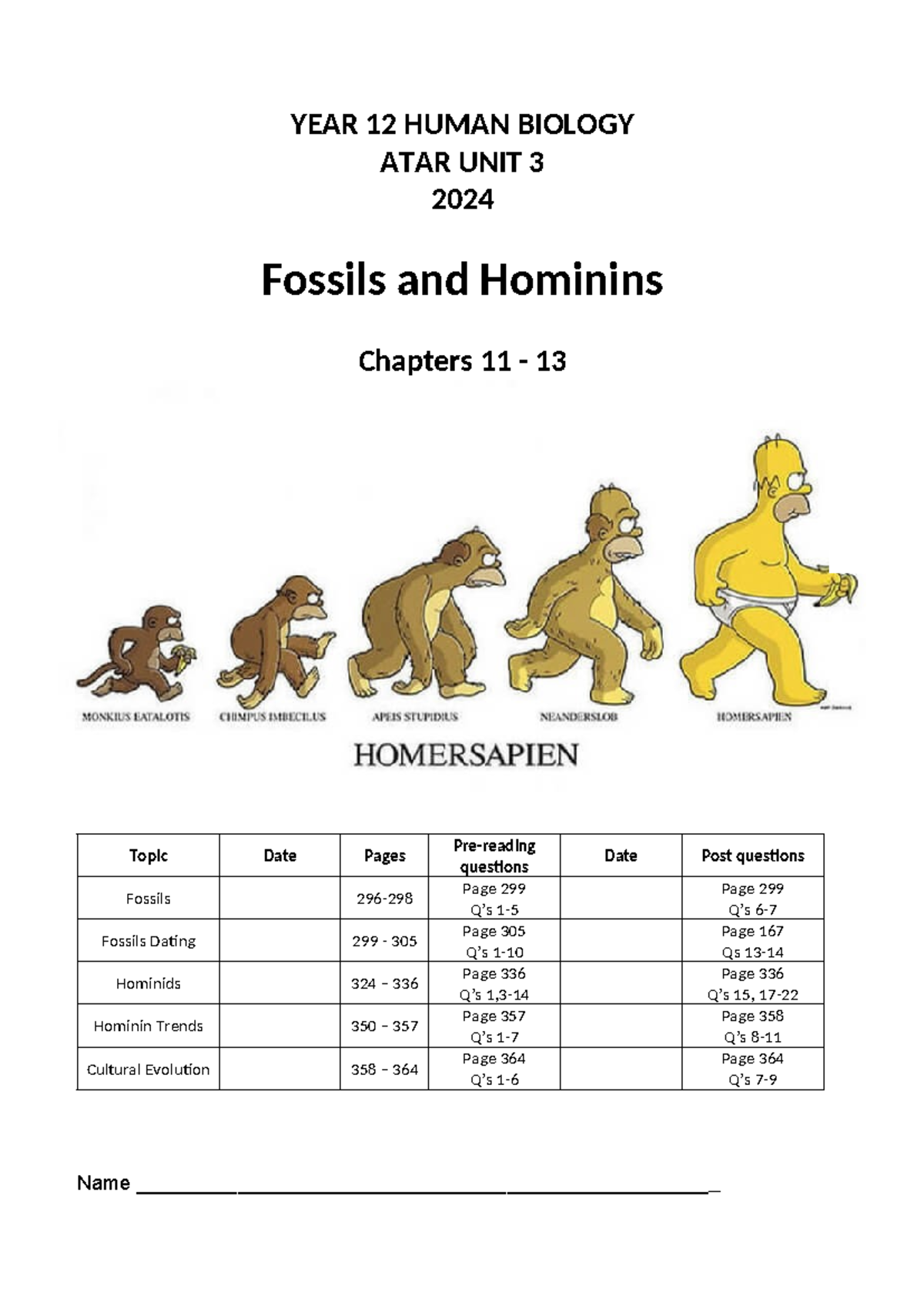 Hominins Booklet 2024 - YEAR 12 HUMAN BIOLOGY Topic Date Pages Pre ...