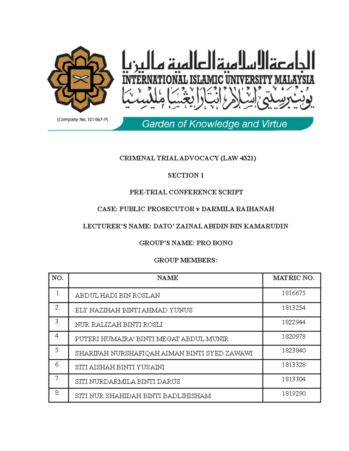 Script Trial - ref - CRIMINAL TRIAL ADVOCACY (LAW 4321) SECTION 1 PRE ...