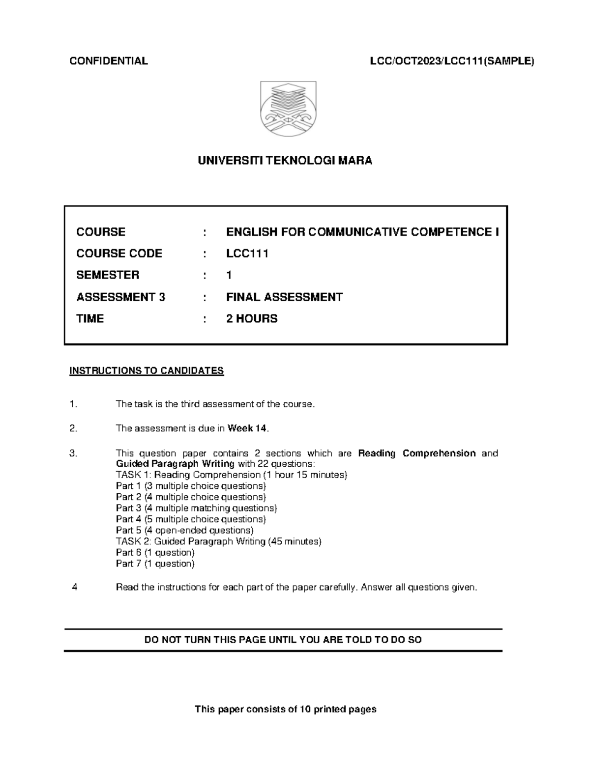 LCC111 Sample Final Assessment QP - This paper consists of 10 printed ...