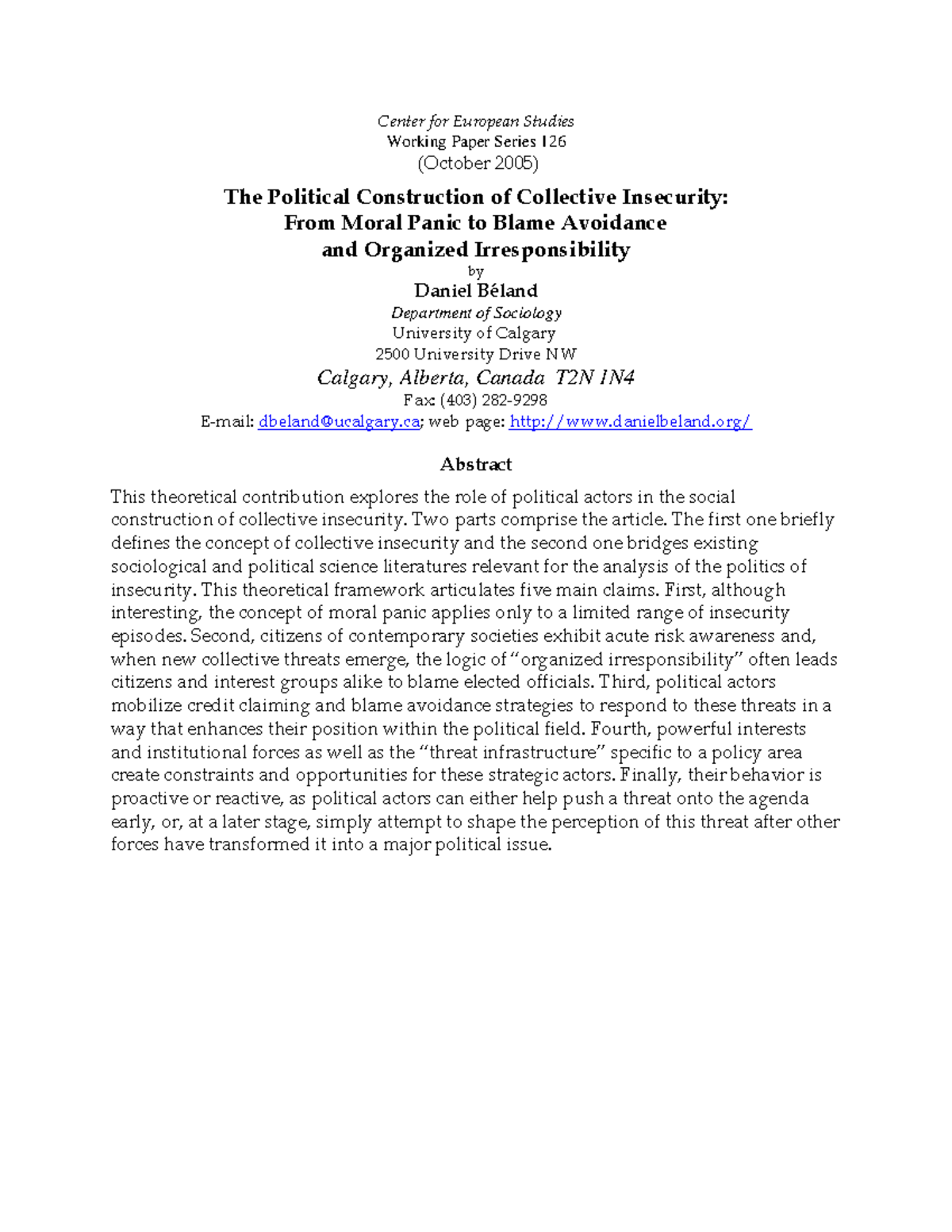 The Political Construction of Collective Insecurity: From Moral Panic ...