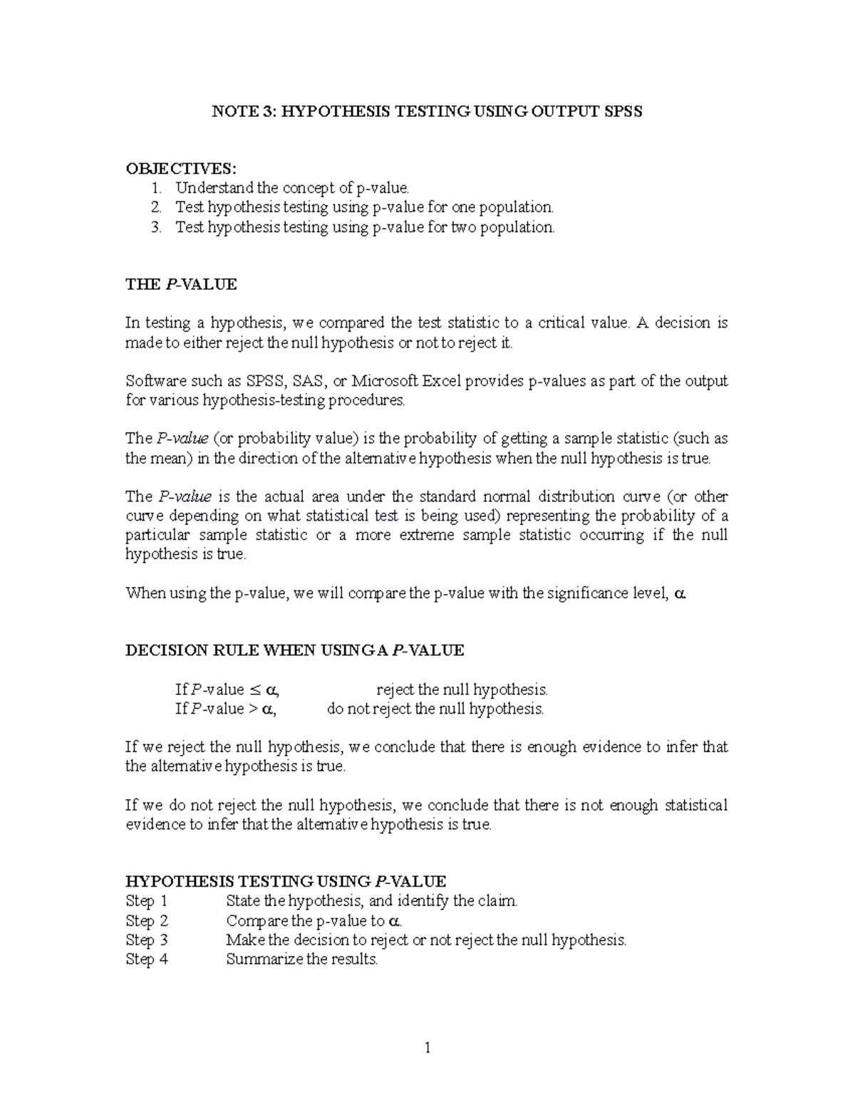 Chapter 2 part 3 Hypothesis Testing Using p-value - NOTE 3: HYPOTHESIS ...