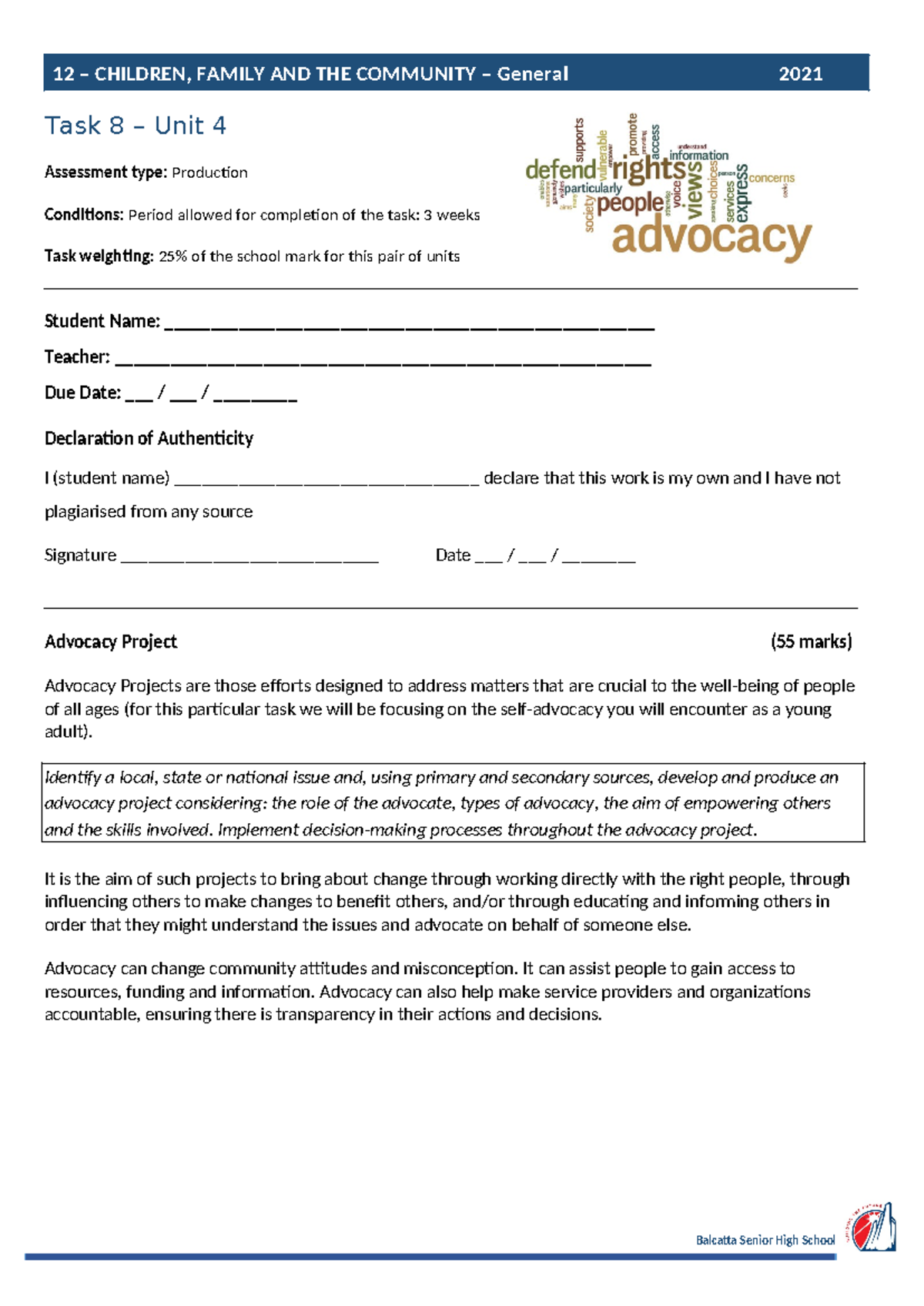 12CFC Task 8 - Self-Advocacy project - Balcatta Senior High School 12 ...