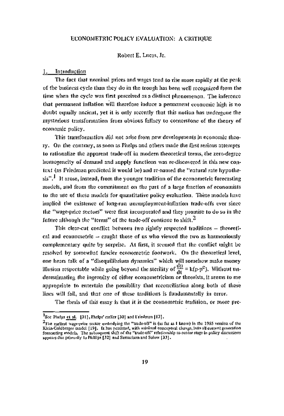 Lucas Critique 1976 - ECONOMETRIC POEICY EVALUATION: A CRITIQUE Robert ...