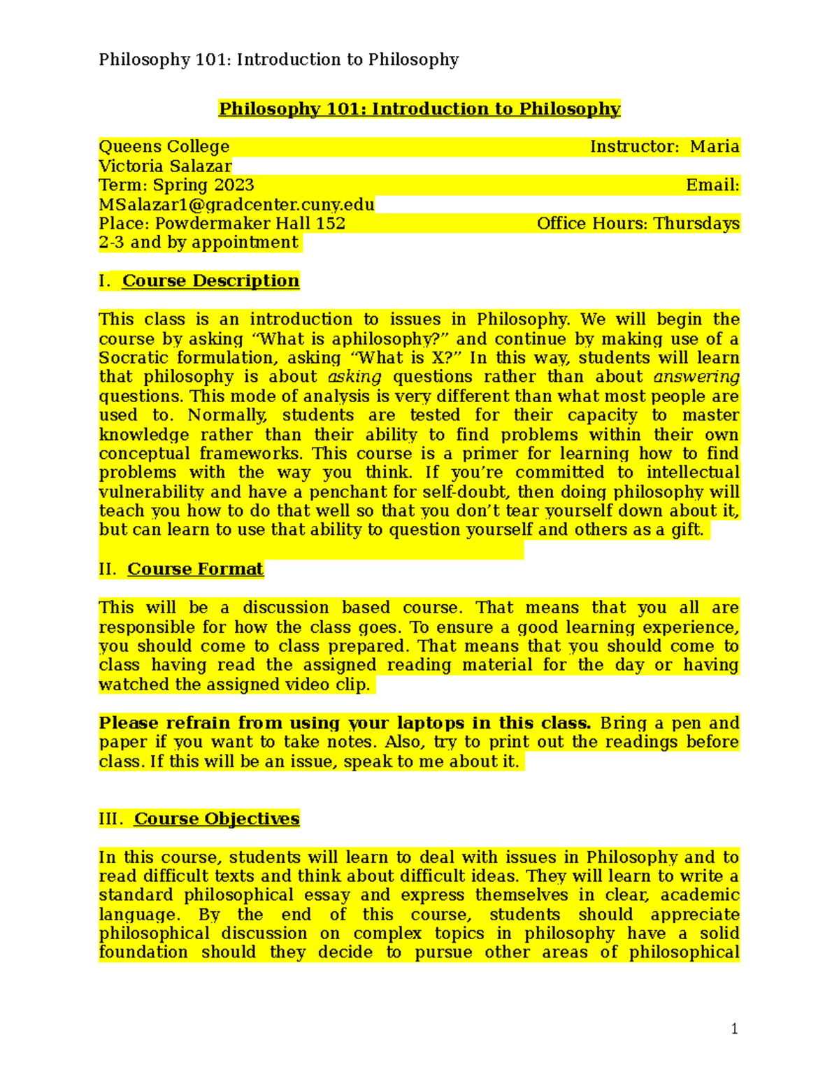 Philosophy 101 Spring 2023 - Philosophy 101: Introduction to Philosophy Queens College ...