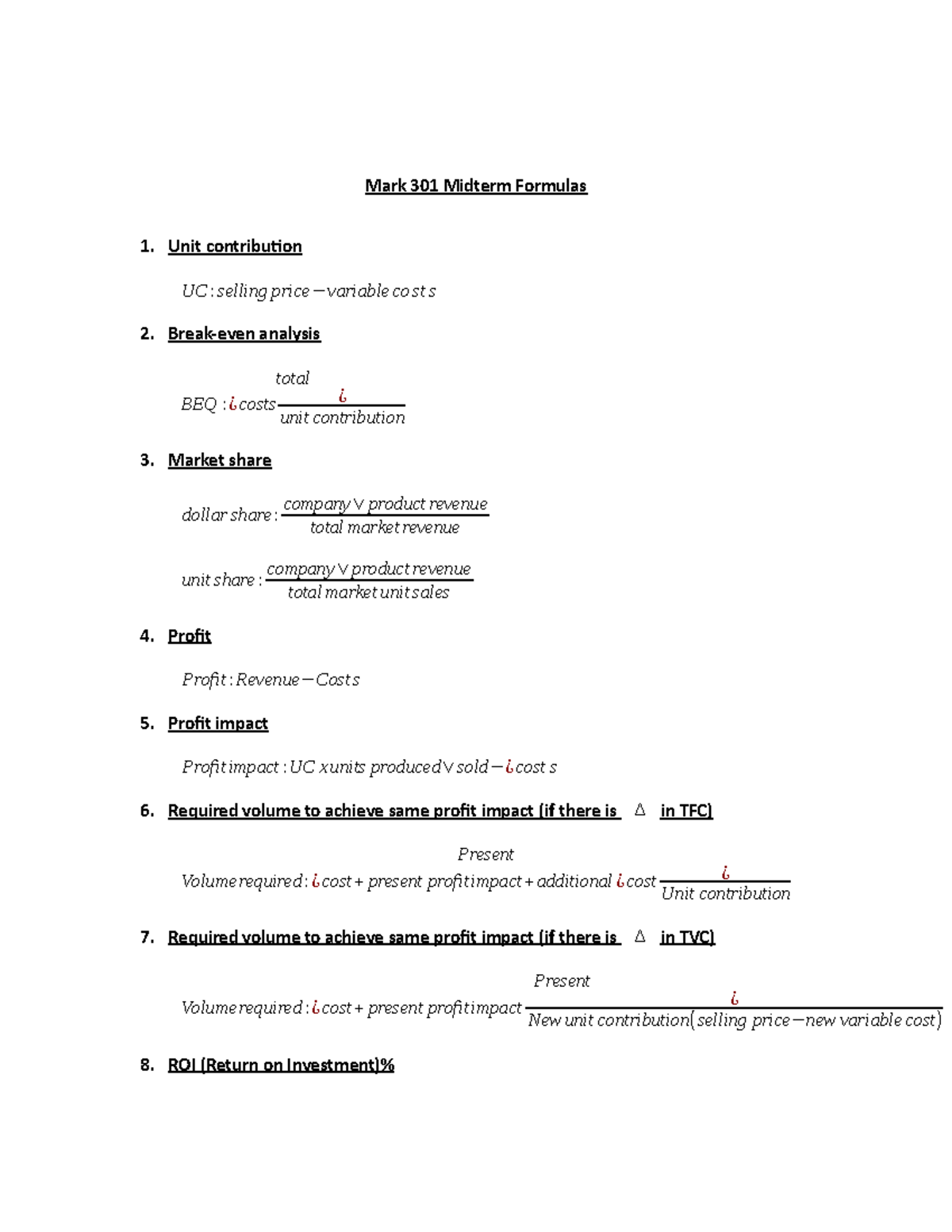 Mark 301 Midterm Formulas, essential for mid term preparation. - Mark 301 Midterm Formulas 1 ...