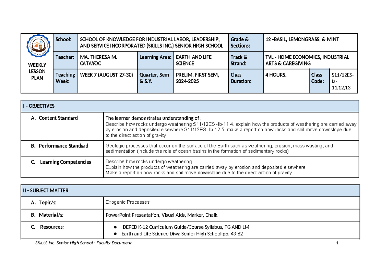 WEEK 7 August 27-30 - WEEKLY LESSON PLAN - WEEKLY LESSON PLAN School ...