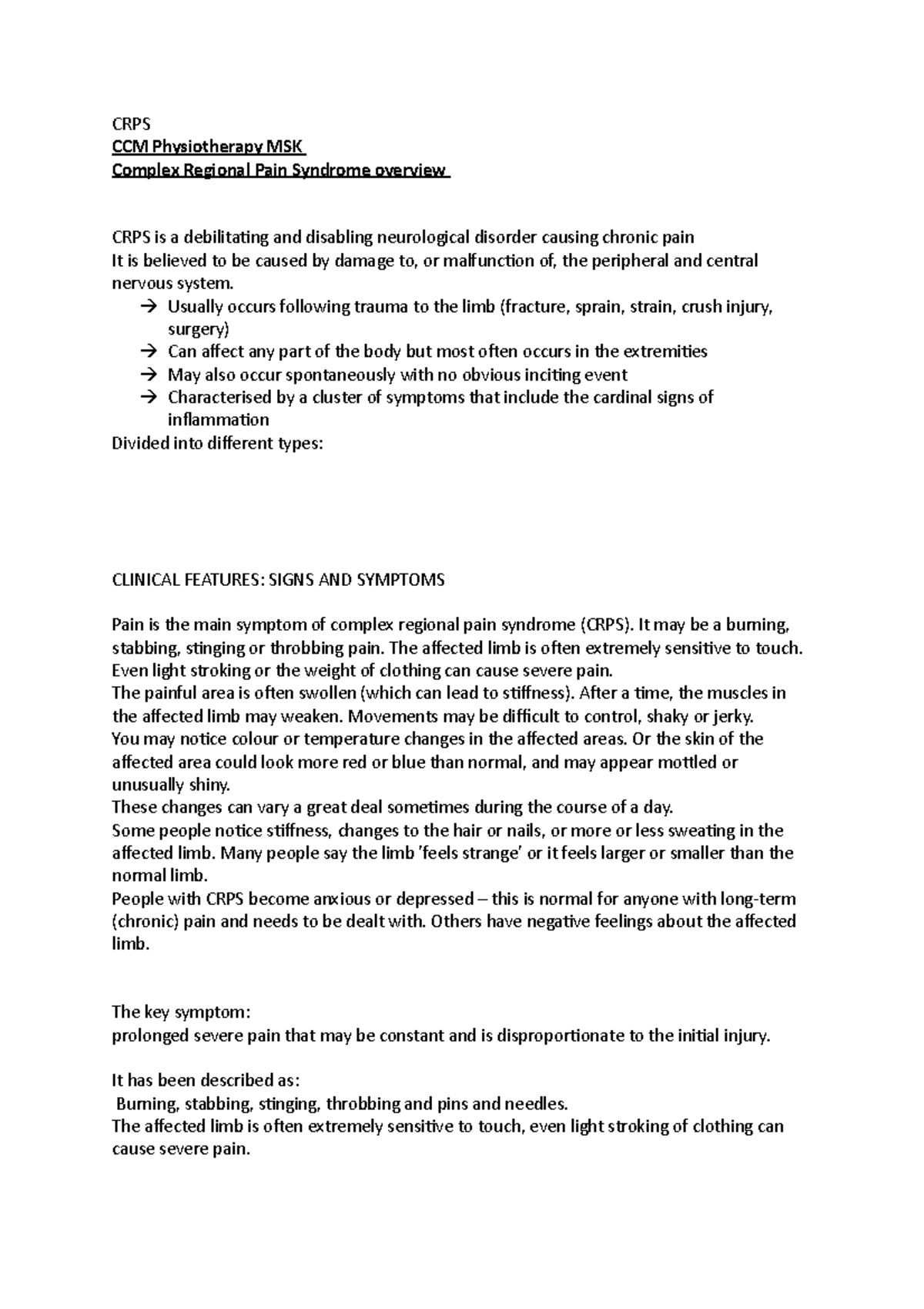 CRPS CCM Physiotherapy MSK Complex Regional Pain Syndrome overview - à ...