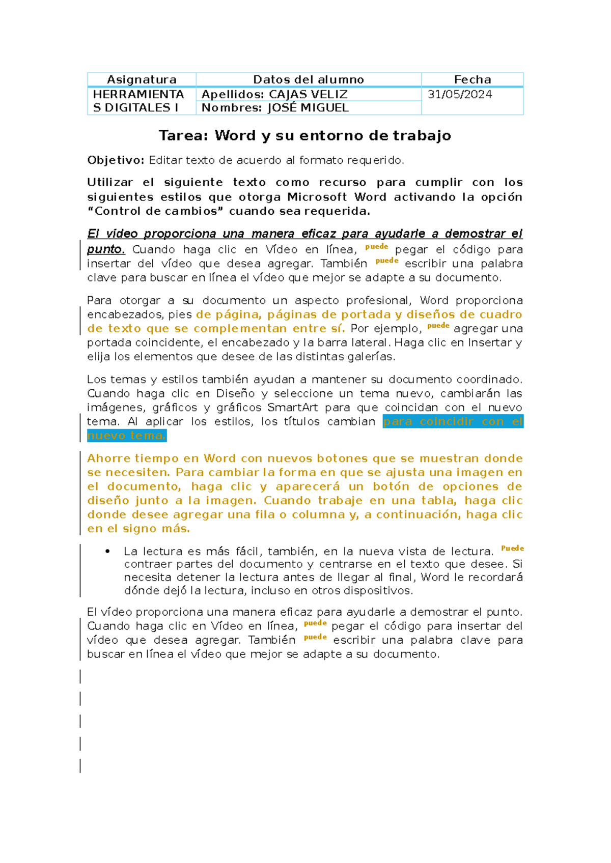 Tarea Word Control de Cambios - Asignatura Datos del alumno Fecha HERRAMIENTA S DIGITALES I ...