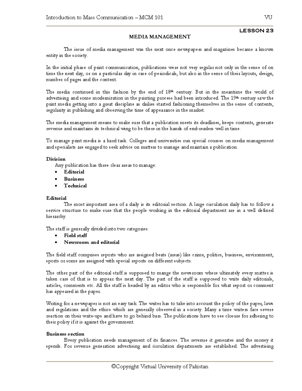 Lesson 23 - MCQ - Introduction to Mass Communication – MCM 101 VU ©Copyright Virtual University ...