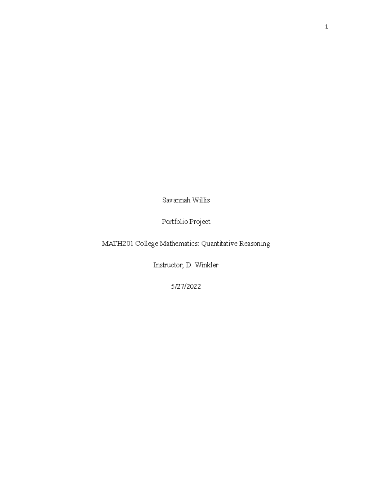 Portfolio Project - Savannah Willis Portfolio Project MATH201 College ...