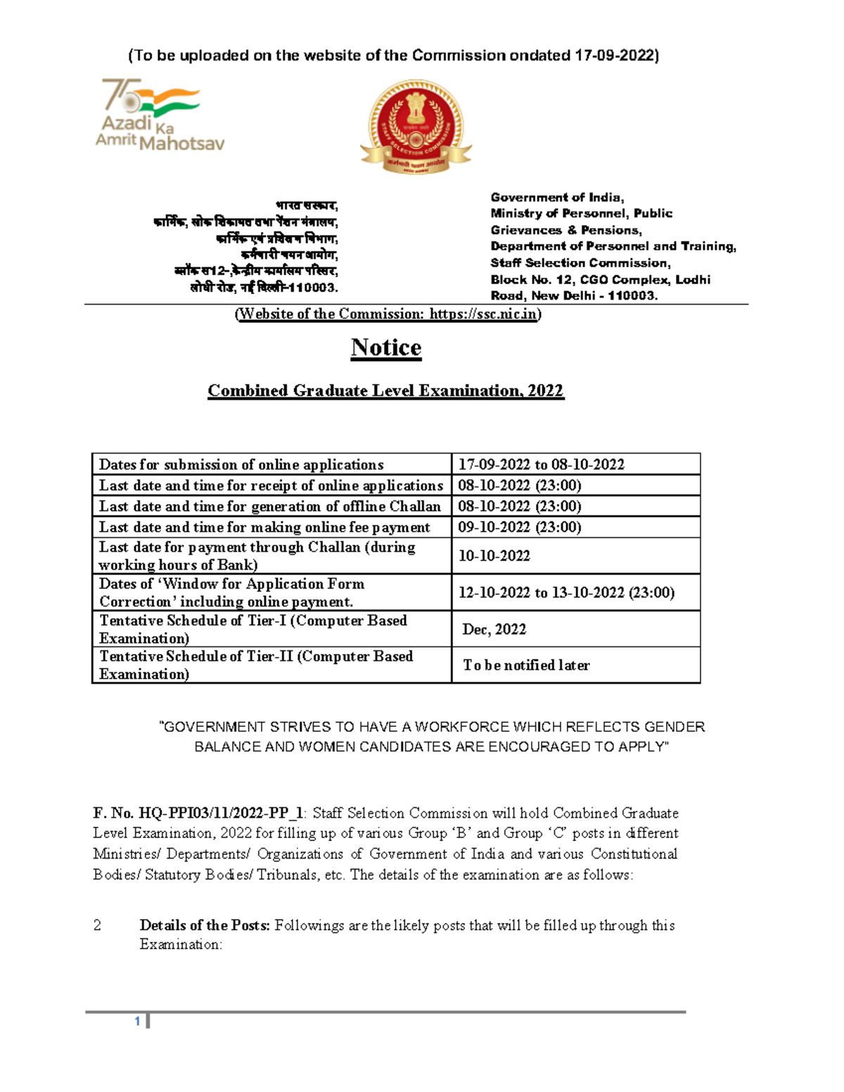 Notice CGLE 17092022 - jjjkk - 1 (To be uploaded on the website of the ...